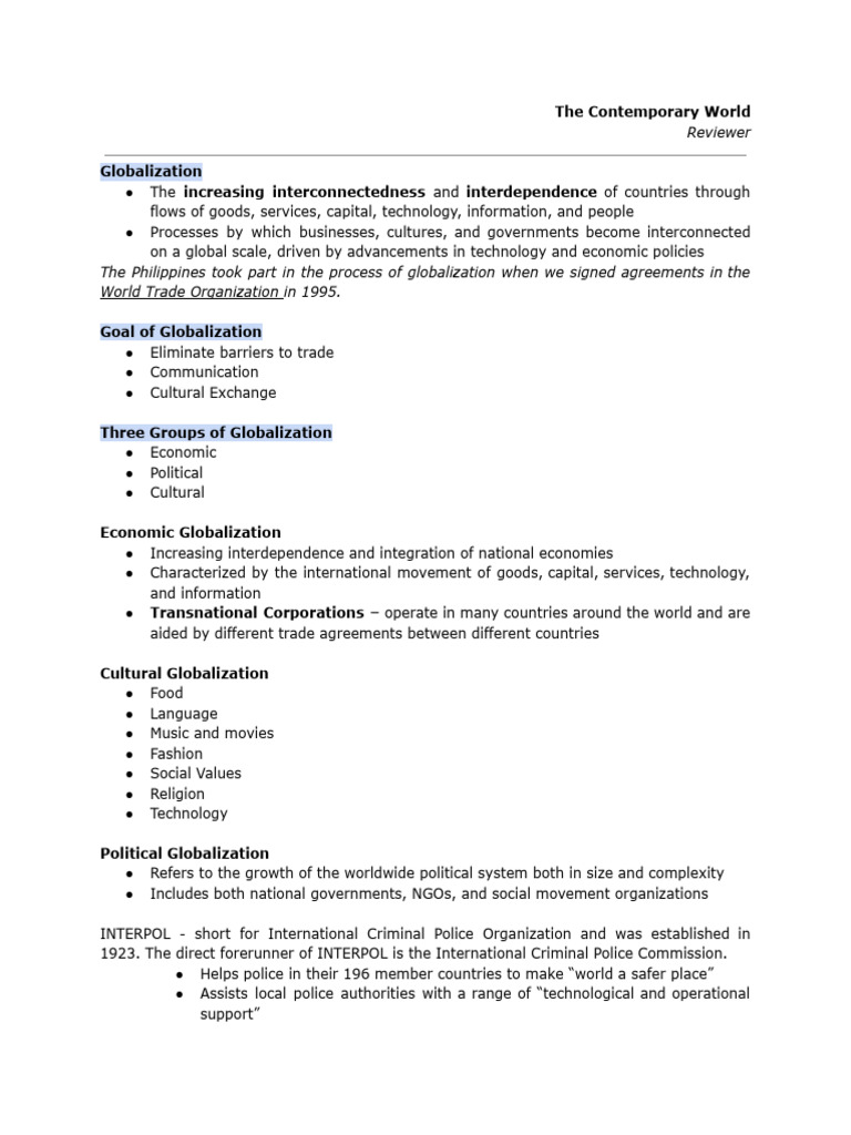 The Contemporary World - Reviewer | PDF | Globalization | Goods