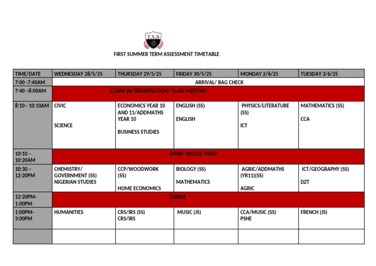 First Summer Term Assessment Schedule | PDF