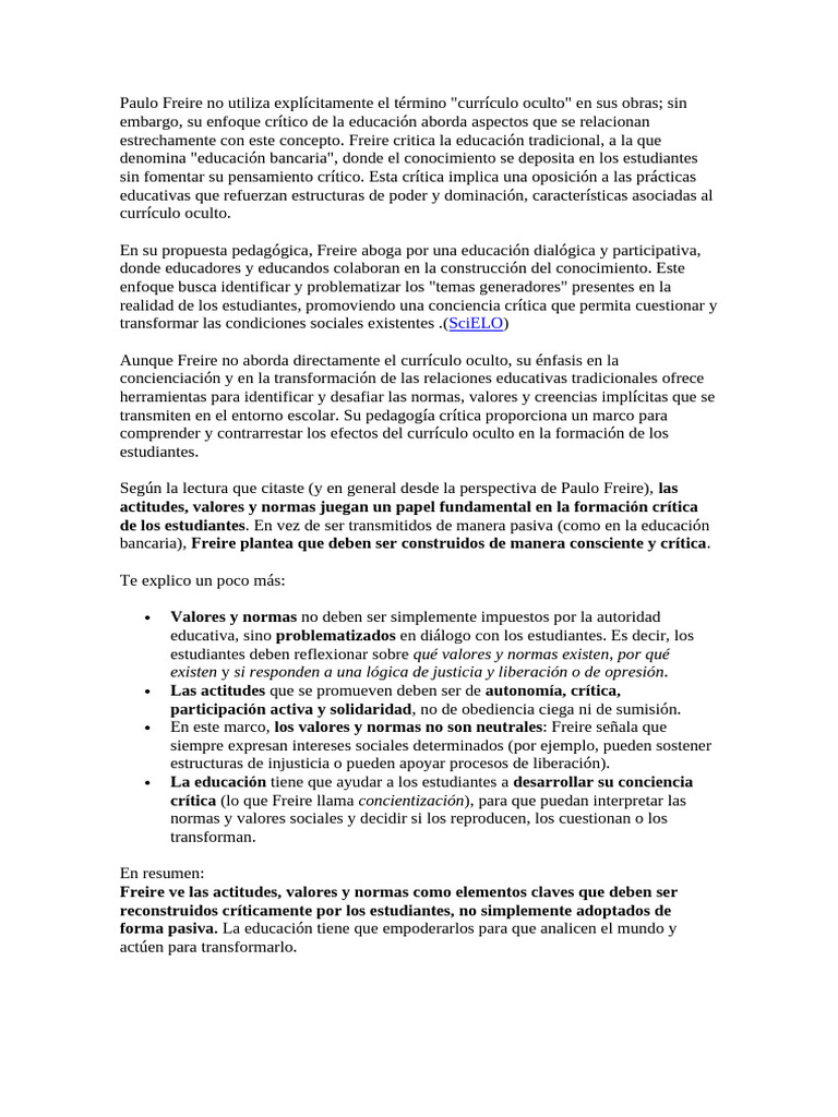 Freire y el Currículo Oculto en Educación | PDF | Plan de estudios ...