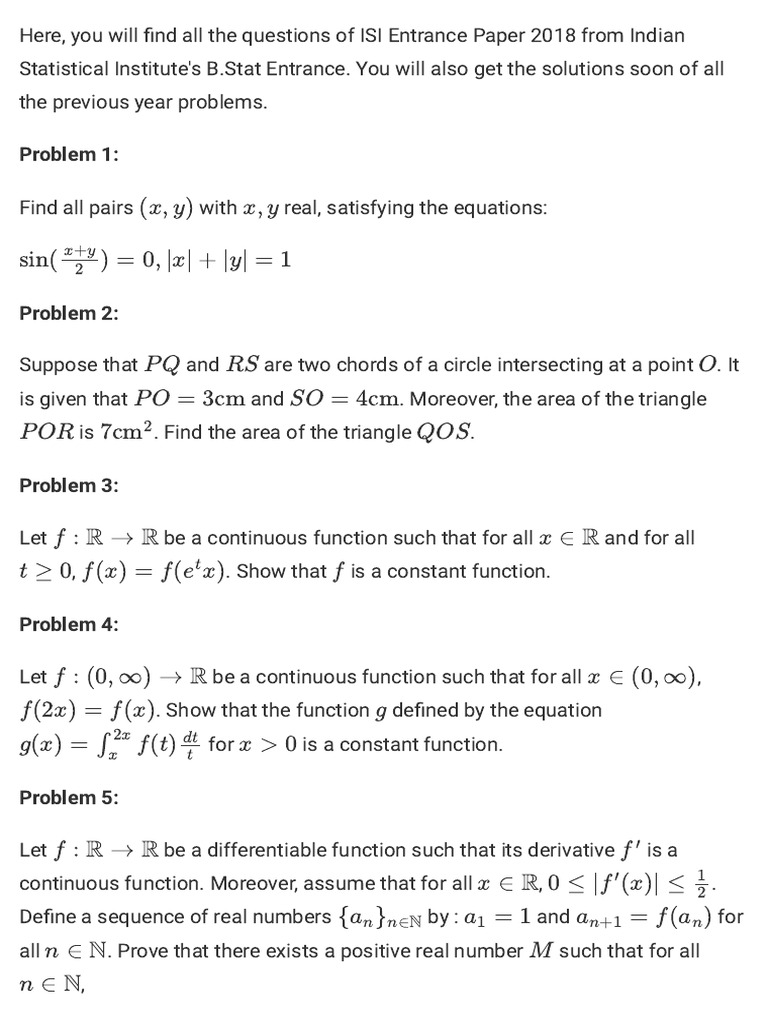 ISI Entrance Paper 2018 - B.Stat, B.Math Subjective - Cheenta Academy | PDF