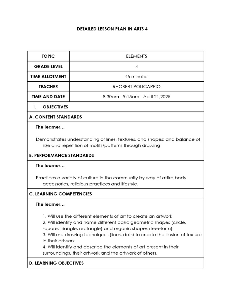 DETAILED-LESSON-PLAN-IN-ARTS-INDIVIDUAL | PDF | Shape | Color