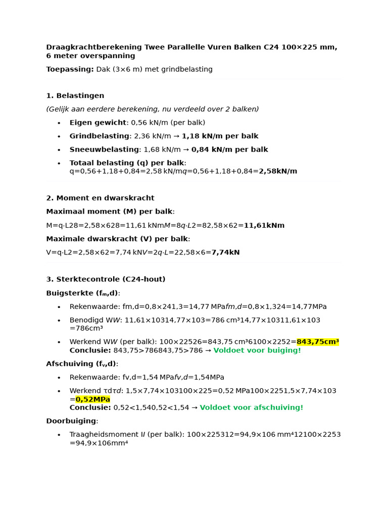 Draagkrachtberekening Twee Parallelle Vuren Balken C24 100×225 MM, 6 ...