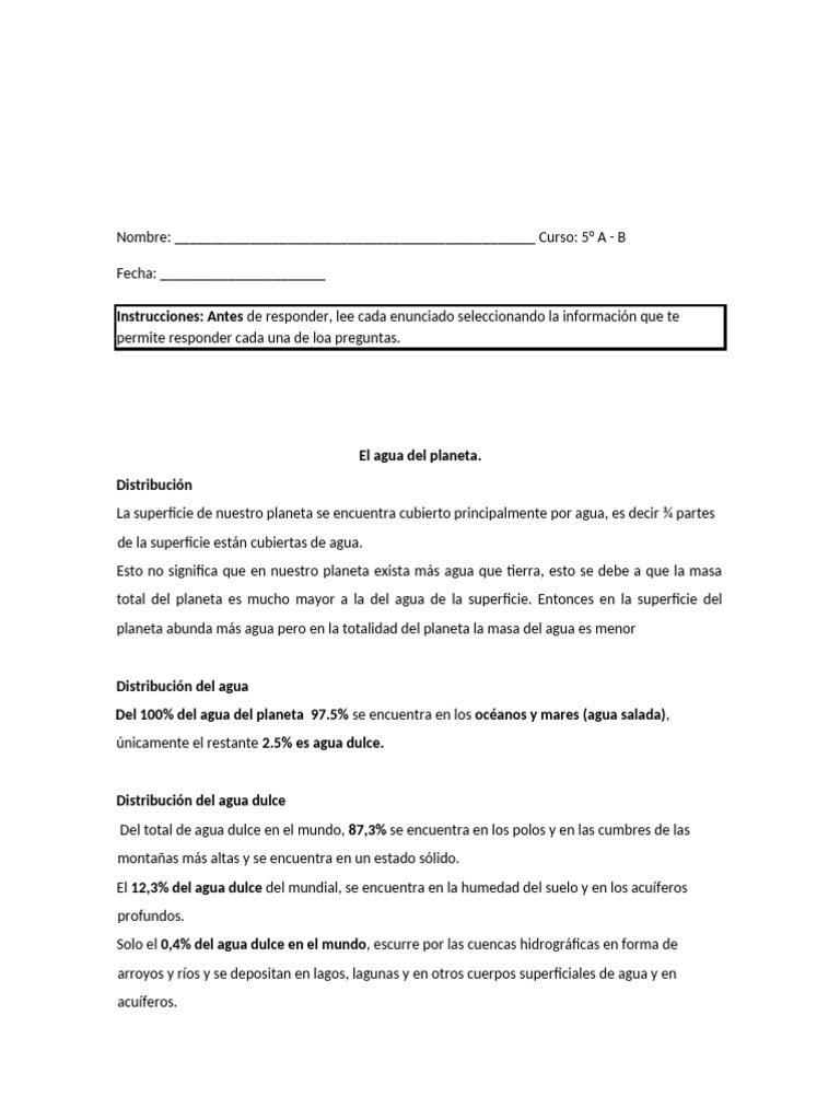 Distribución del Agua en el Planeta | PDF | Agua | Agua dulce