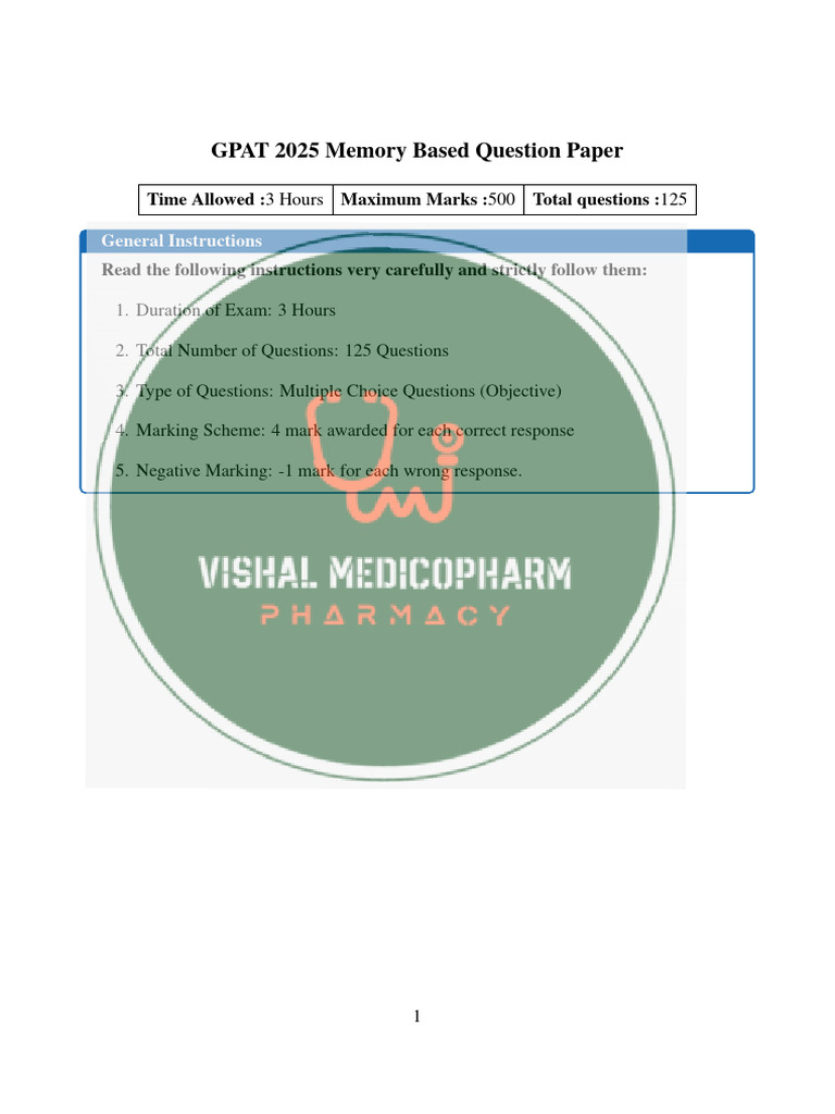 Gpat 2025 Memory Based Question Paper - Vishal Medicopharm | PDF ...