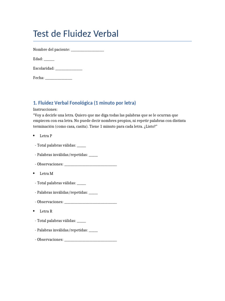 Test de Fluidez Verbal: Instrucciones y Resultados | PDF