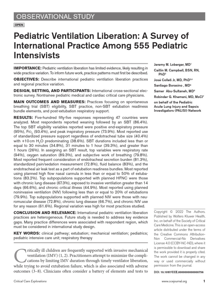 Pediatric Ventilation Liberation A Survey of | PDF | Intensive Care ...