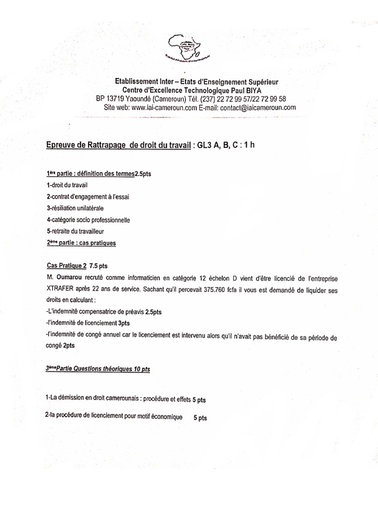 IAI-Cameroun-NIVEAU III-Génie Logiciel-Droit Du Travail-Rattrapage-1675965773174 | PDF