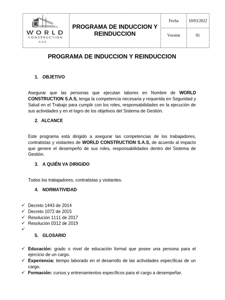 Programa de Induccion y Reinduccion | PDF