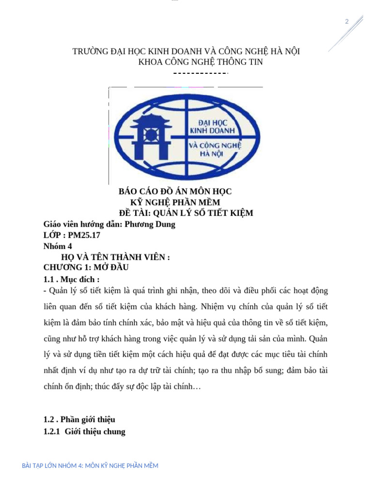 Bao Cao Do An Mon Hoc Ky Nghe Phan Mem de Tai Quan Ly So Tiet Kiem Tru 142083 1 | PDF