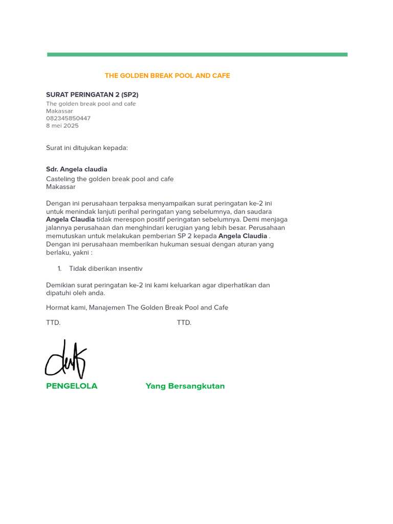 Surat Peringatan Kedua untuk Angela Claudia | PDF
