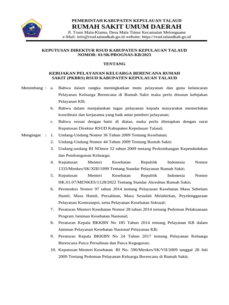 Kebijakan Pelayanan KB RSUD Talaud 2023 | PDF
