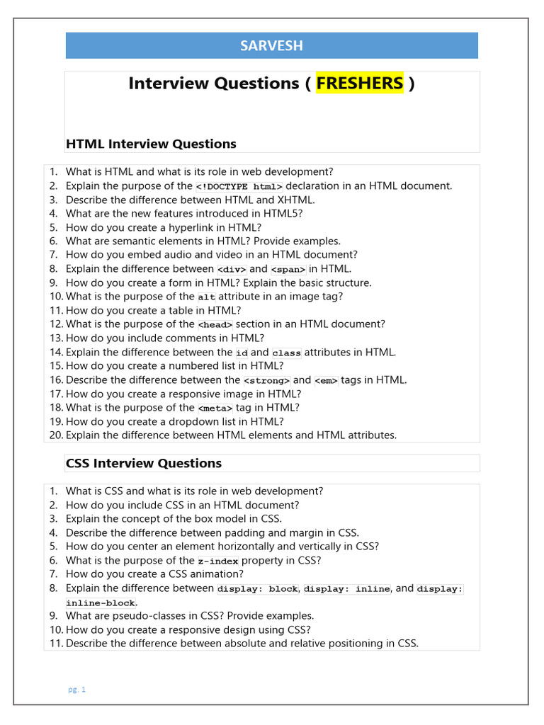 COMPLETE FRONTEND INTERVIEW QUESTIONS | PDF | Html | Html Element
