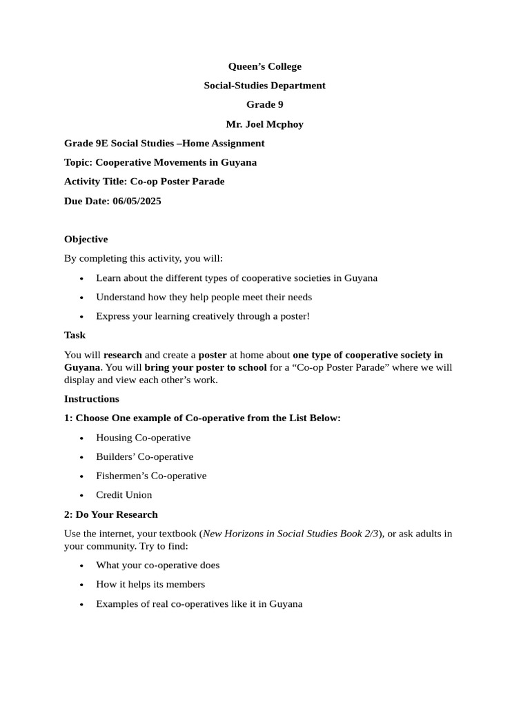 Social-Studies Grade 9E - Co-Operative Activity | PDF