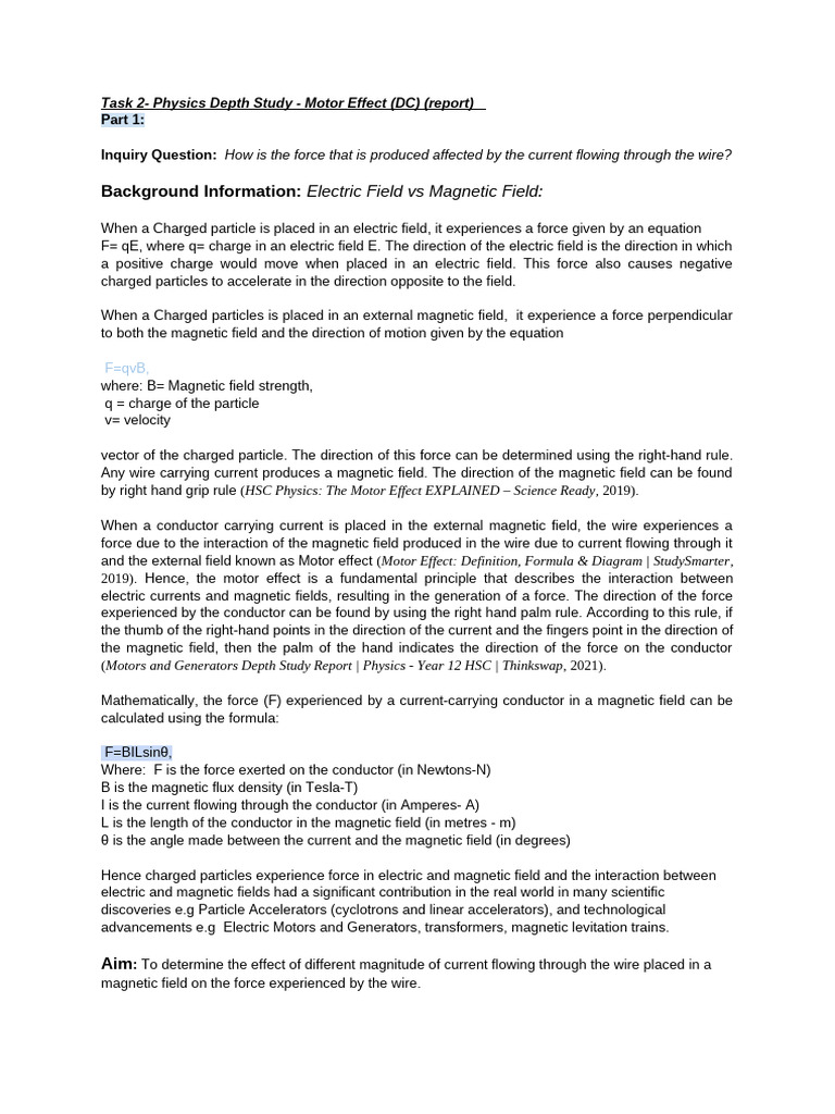 Task 2 - Physics Depth Study - Motor Effect (Report) | PDF | Magnetic ...