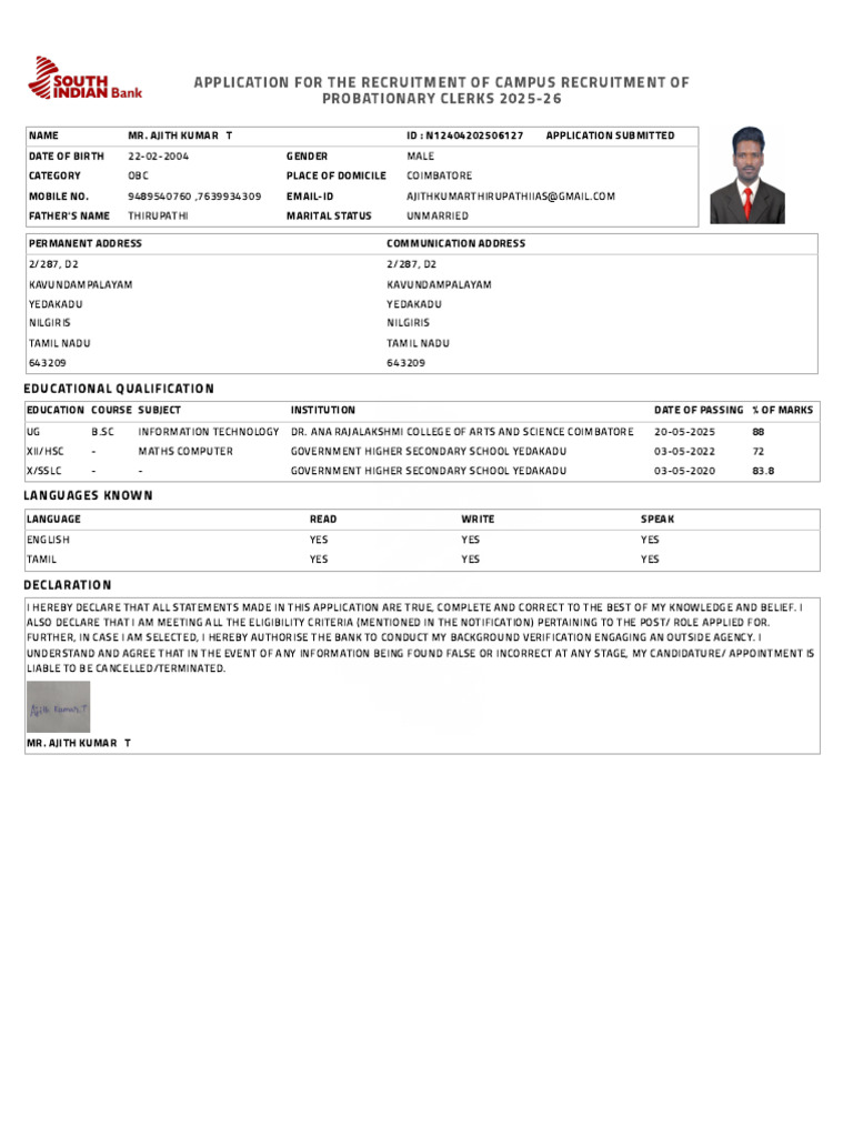 South Indian Bank - Preview Profile Ajith | PDF