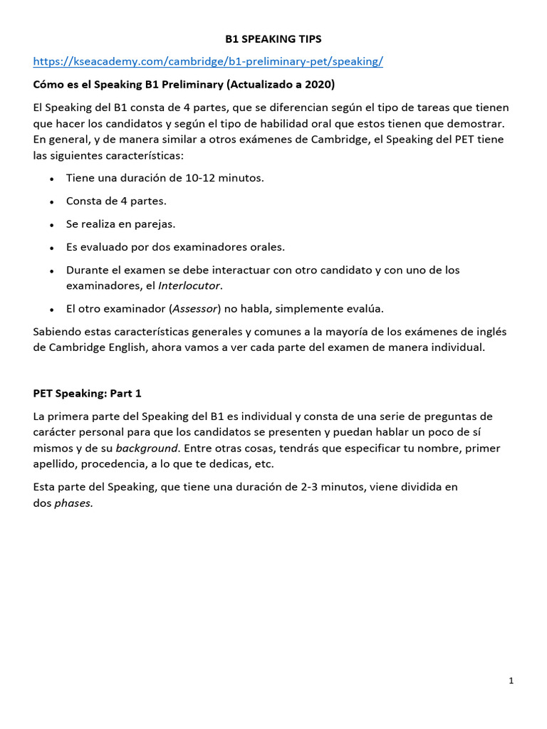 Consejos para el Speaking B1 PET | PDF | Lingüística