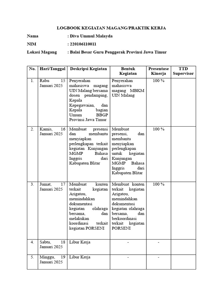 Logbook Kegiatan Magang Diva Ummul Malayda Minggu Ke 1 | PDF