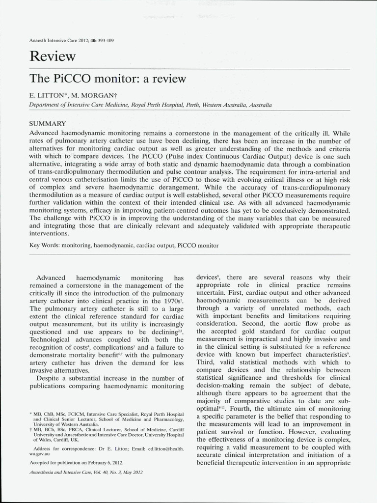PiCCO Monitor: Advanced Hemodynamic Review | PDF | Monitoring (Medicine ...
