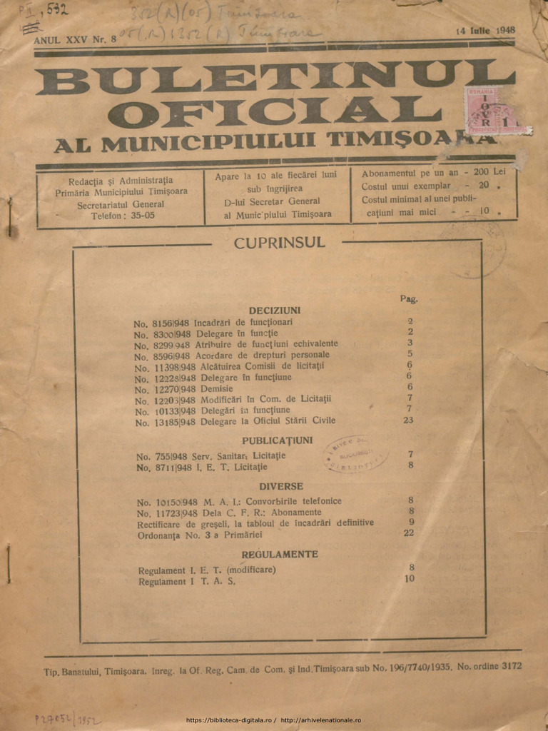 Buletinul Oficial Timisoara An XX - NR 08 - 1948 | PDF