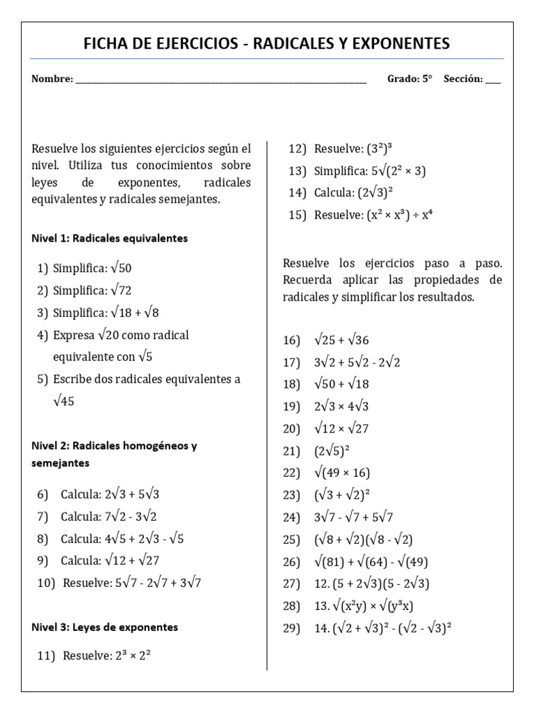 Ficha 5 - Radicales - Exponentes - 5to | PDF
