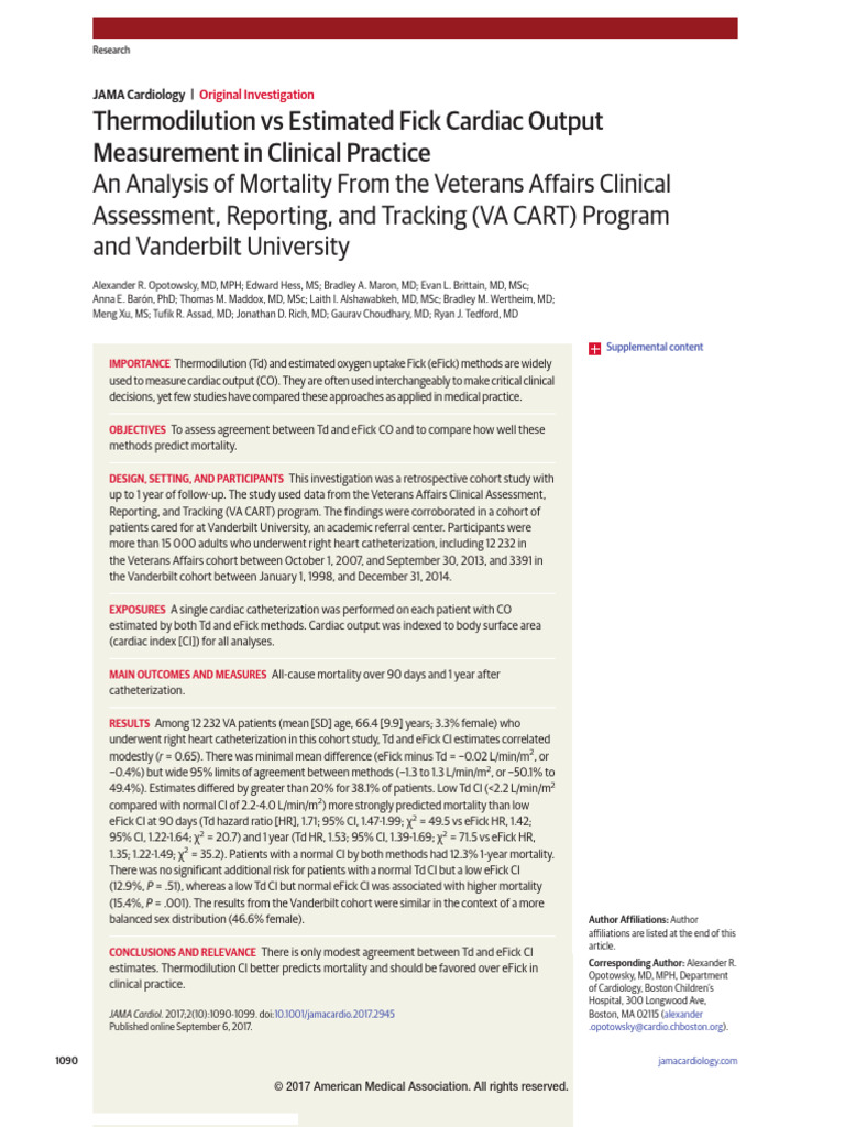 Opotowsky 2017 - Thermodilution Vs Estimated Fick Cardiac Output ...
