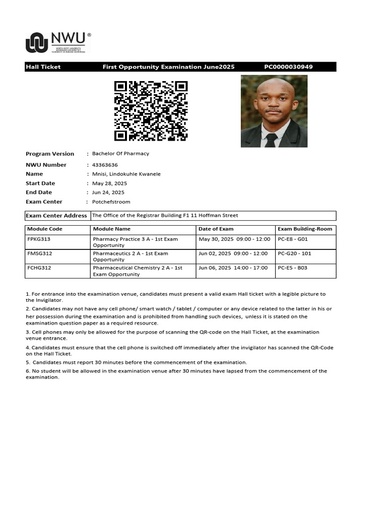 June 2025 Pharmacy Exam Hall Ticket | PDF