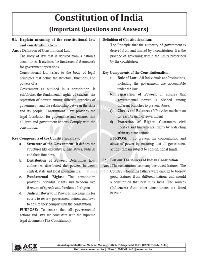 Constitution of India (COI) - Important Questions and Ansers | PDF ...