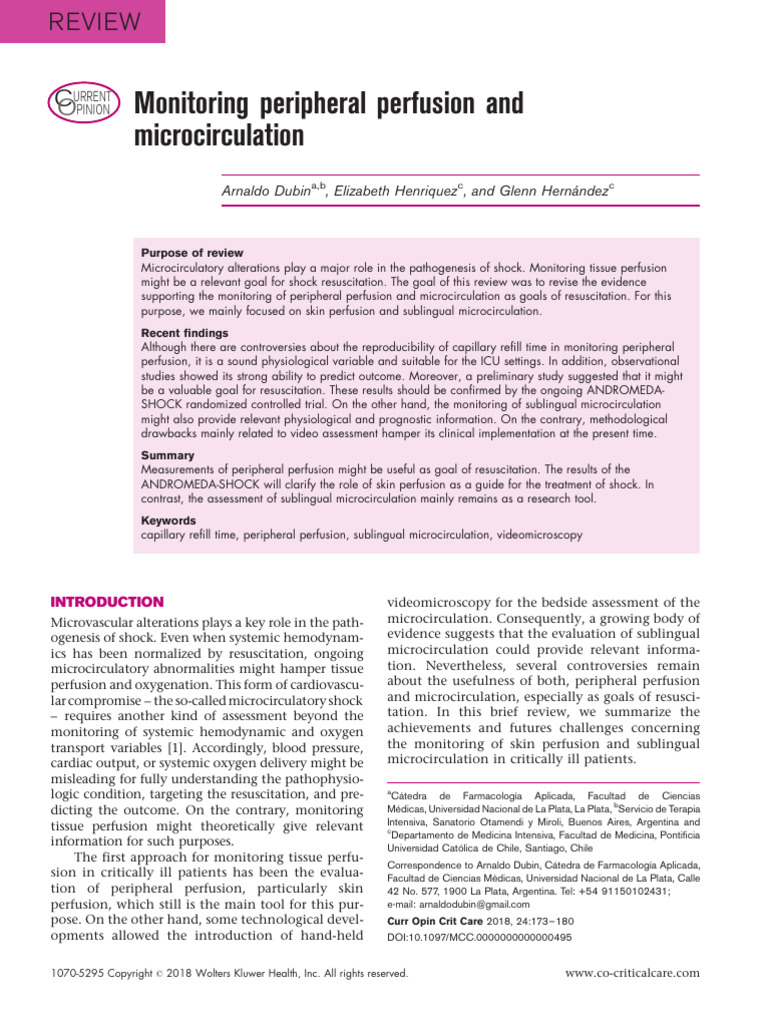 Dubin 2018 - Monitoring Peripheral Perfusion and Microcirculation | PDF ...