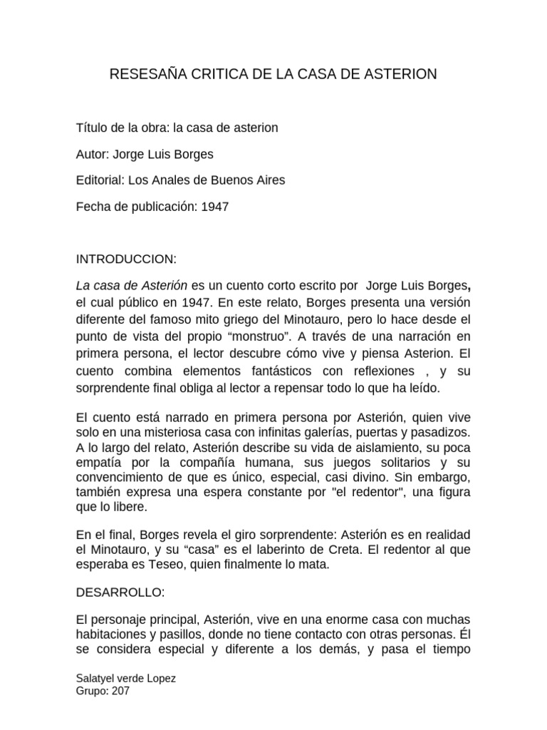 Reseña critica la casa de asterion | PDF | Minotauro