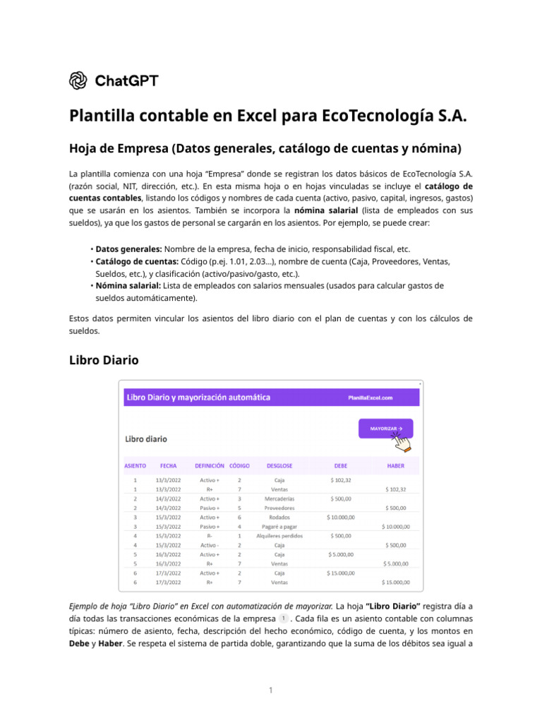 Plantilla Contable en Excel Para EcoTecnología S.a. | PDF ...
