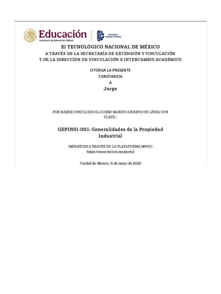 Certificado TecNM GEPIN01-001 - Cursos MOOC TecNM 2025 | PDF