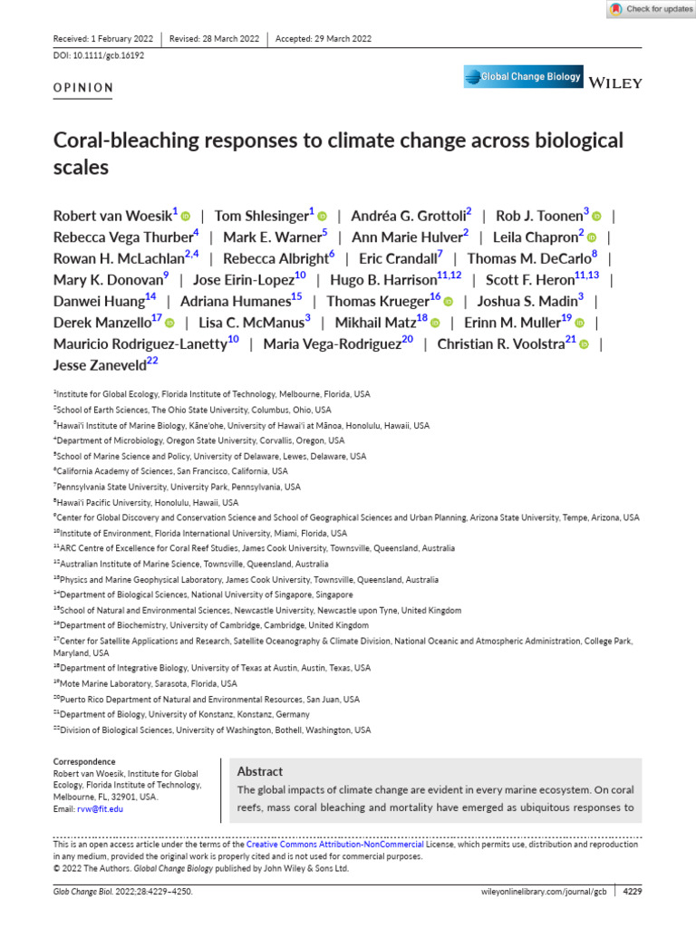 Global Change Biology - 2022 - Woesik - Coral Bleaching Responses To ...