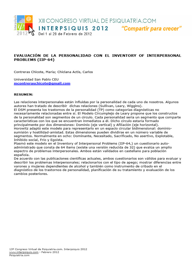 Evaluación de La Personalidad Con El Inventory of Interpersonal ...