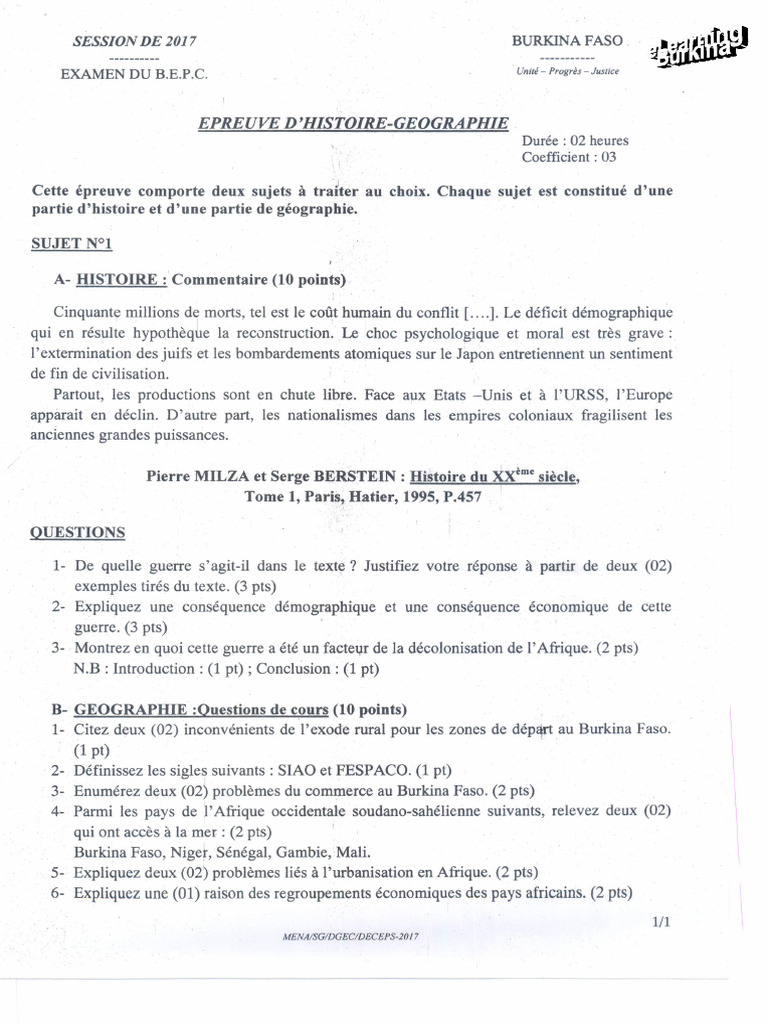 Bepc2017 HG Sujet 1 | PDF