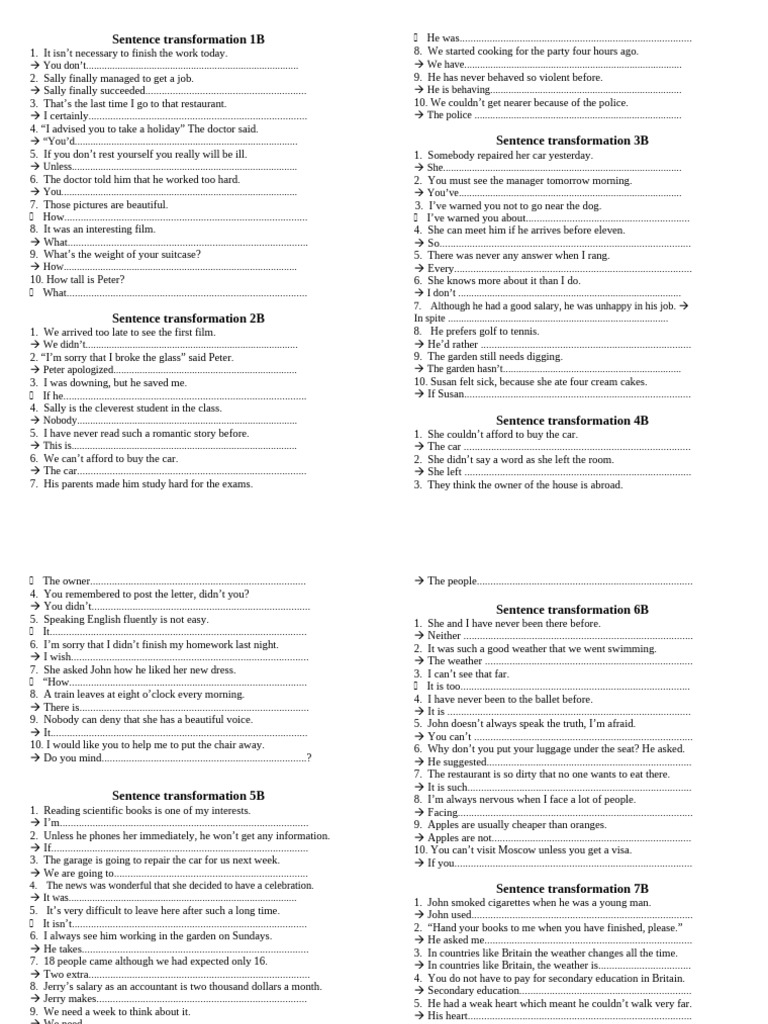 Sentence Transformation Exercises | PDF