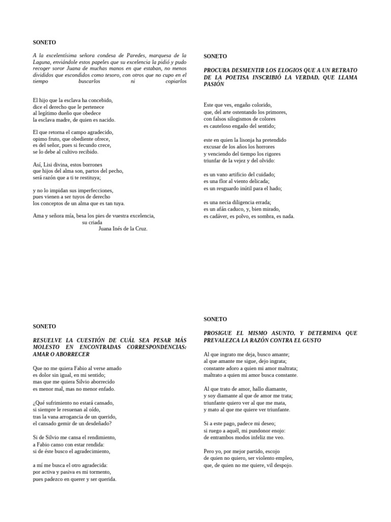 Sonetos de Sor Juana Inés de la Cruz | PDF