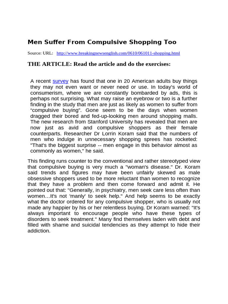 Reading Practice-Men Suffer From Compulsive Shopping Too | PDF ...