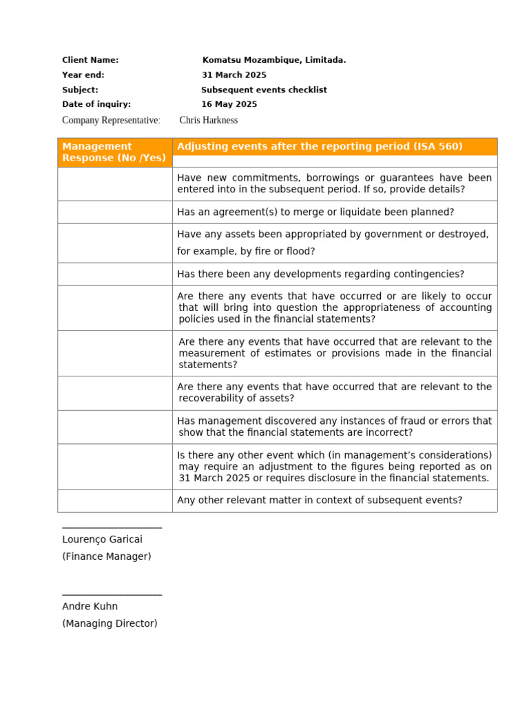 Subsequent Events Checklist | PDF