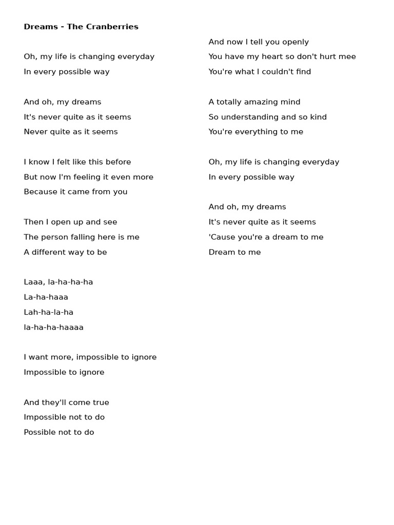 "Dreams Lyrics by The Cranberries" | PDF