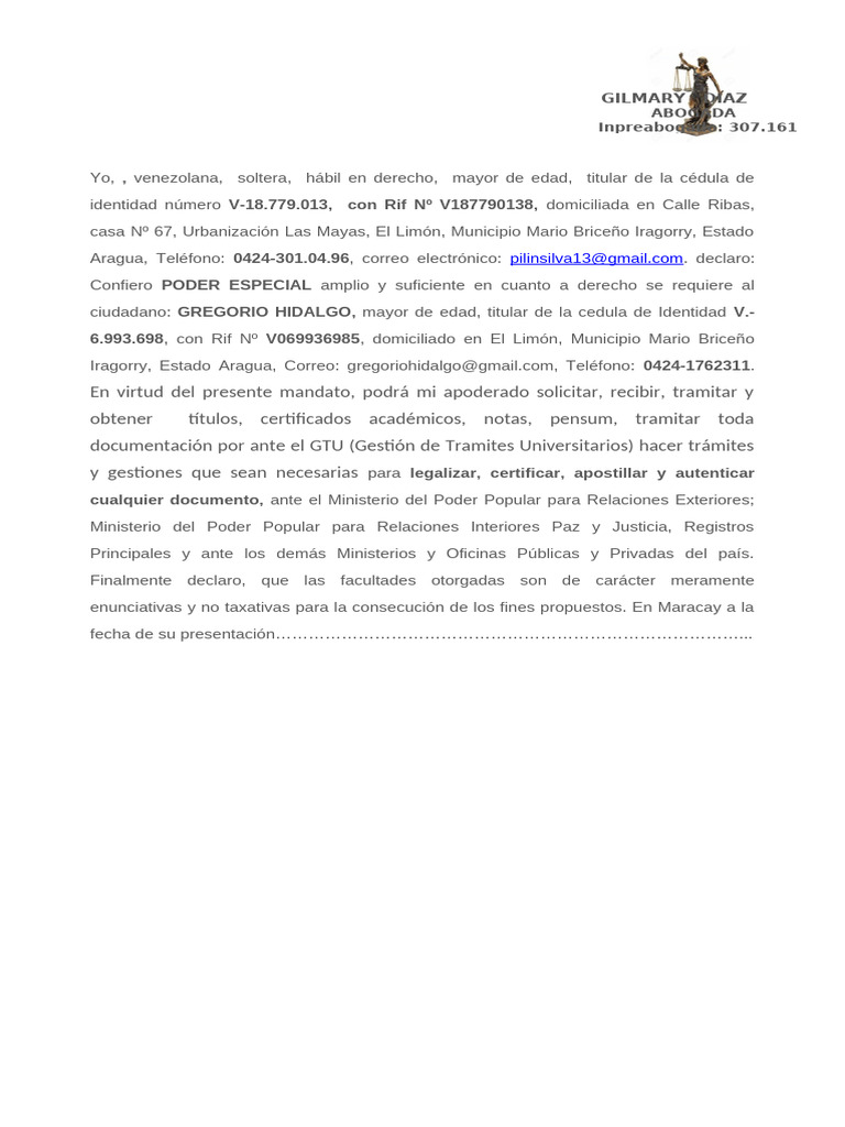 PODER PARA APOSTILLAR PILIN (GILMARY) (1) | PDF