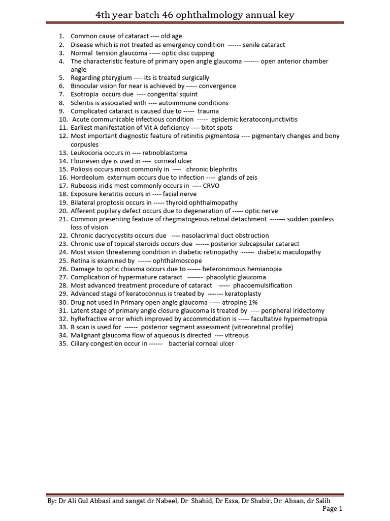 4th Year 46 Annual Ophtho Key-Converted (1) - 2 | PDF | Glaucoma | Cataract