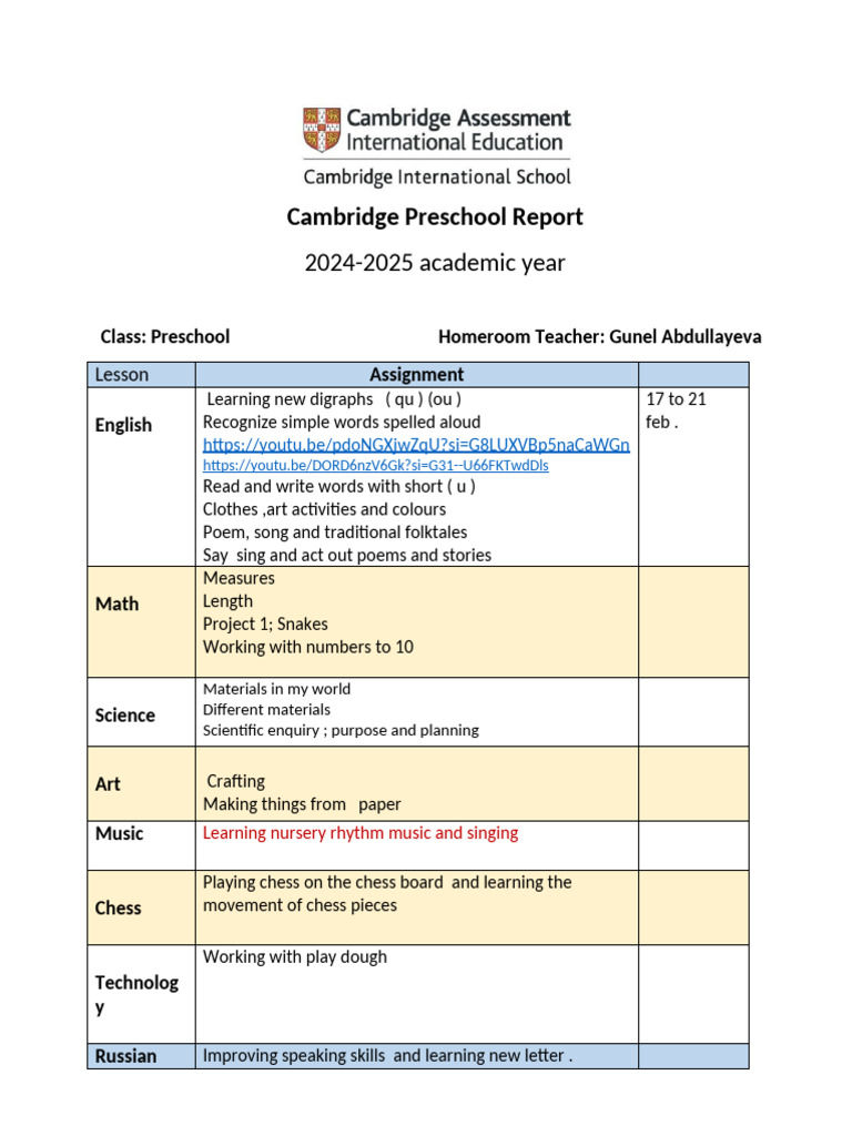 Cambridge Preschool Report Card 2024-25 | PDF