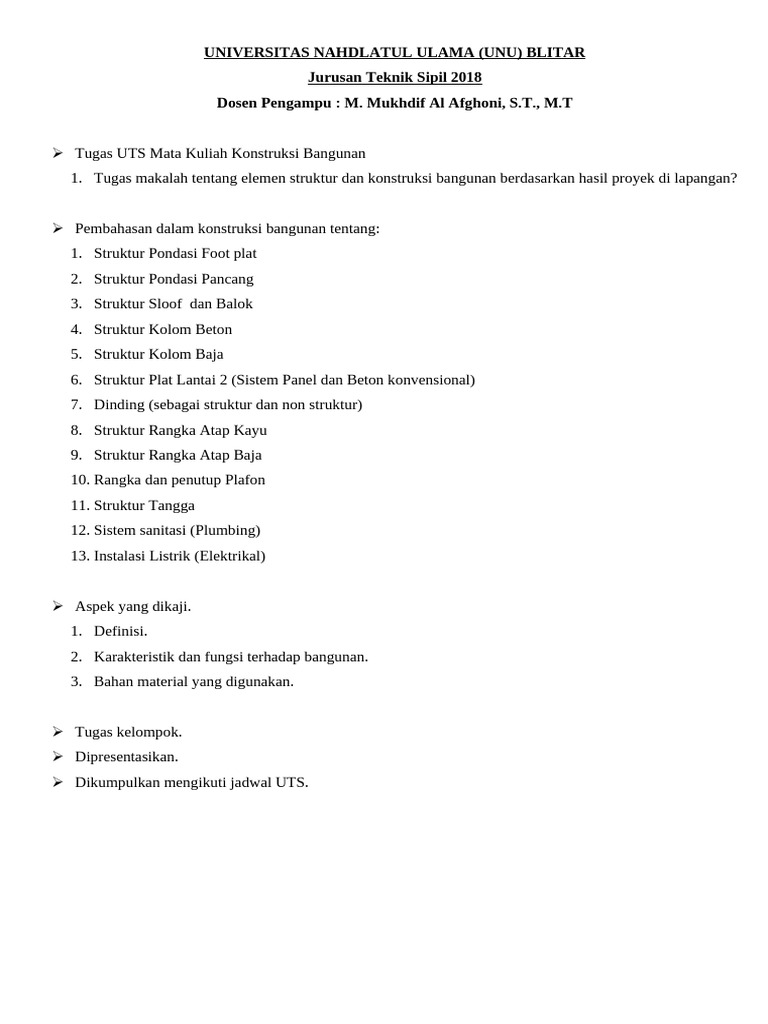 Tugas UTS Mata Kuliah Konstruksi Bangunan | PDF