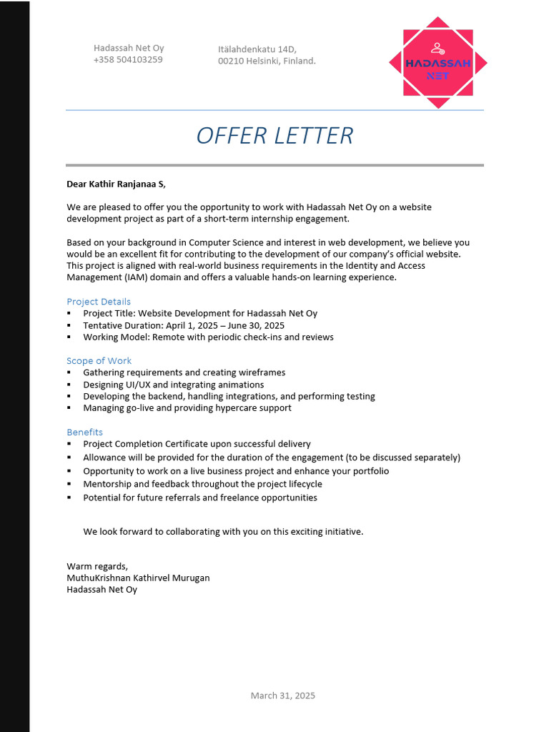 Project Offer Letter - Finland | PDF
