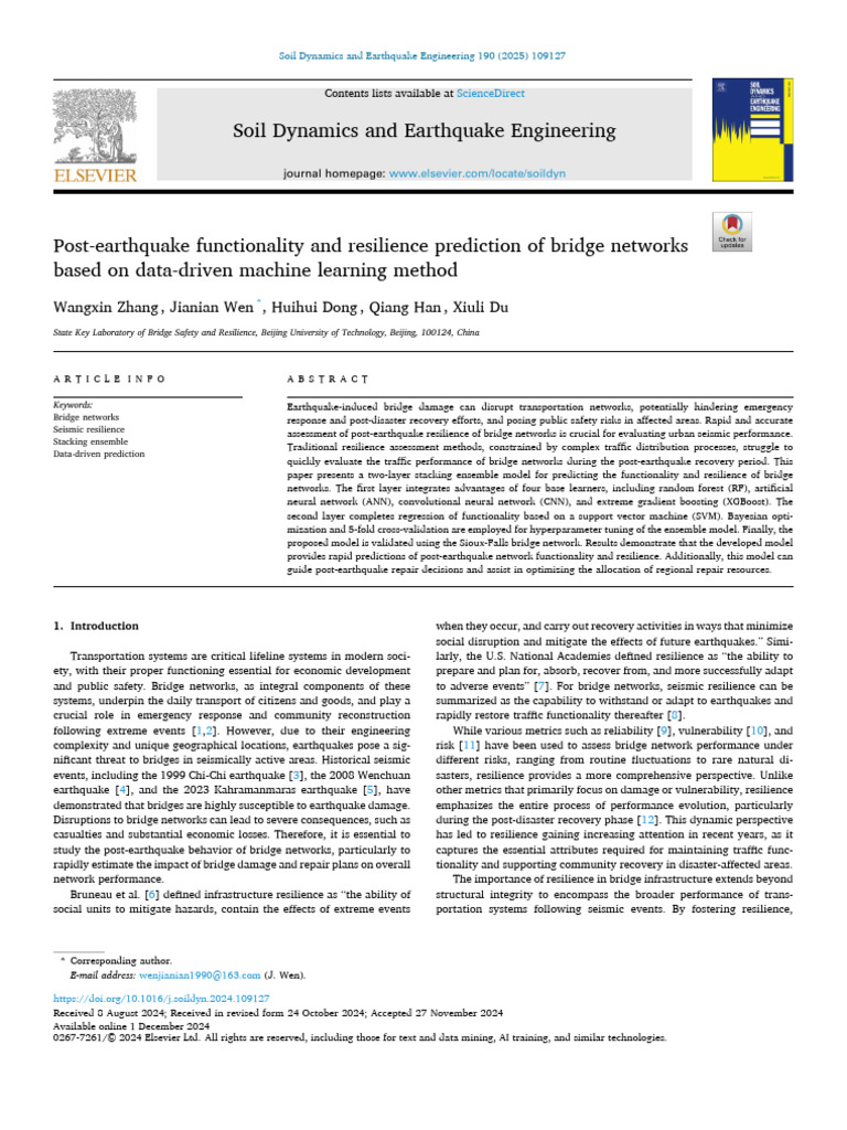Post-Earthquake Functionality and Resilience Prediction | PDF | Machine ...