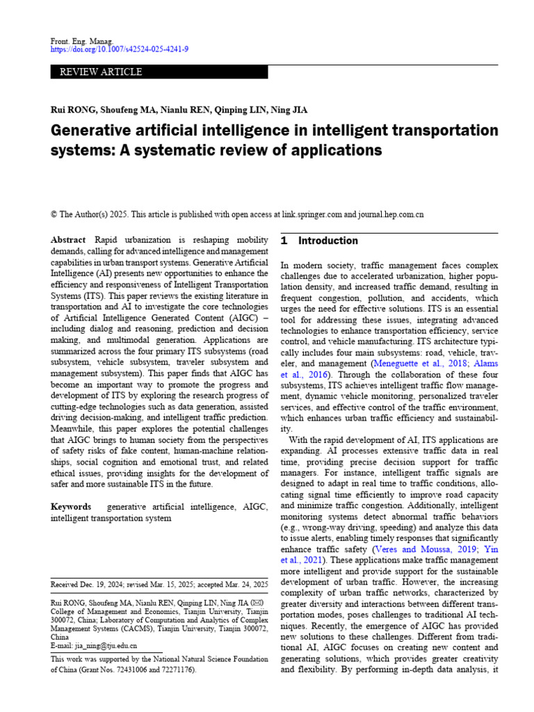 Nerative Artificial Intelligence in Intelligent Transportation Systems - A Systematic Review of ...