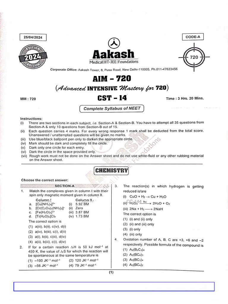 Intensive (Aim-720) CST-14 (A) 25-04-2024 | PDF