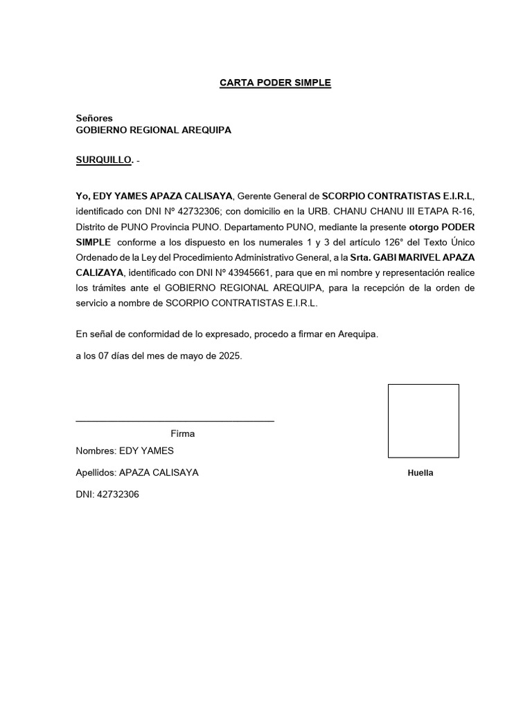 Carta Poder Simple para Trámites Administrativos | PDF