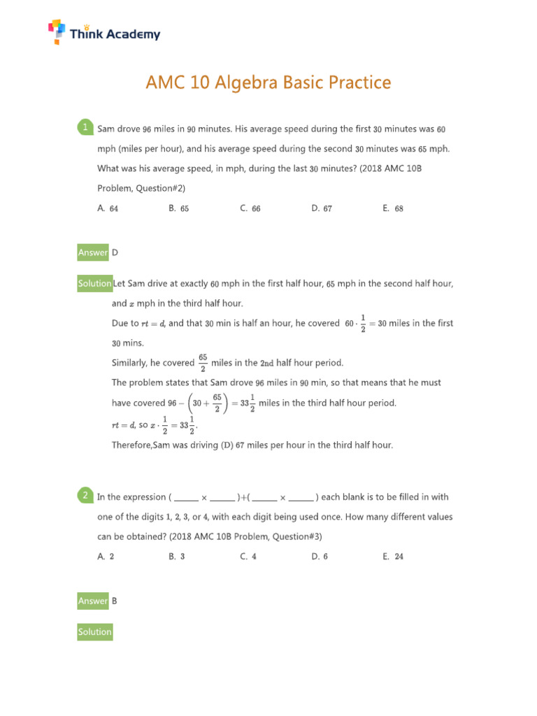 AMC 10 Algebra Solution | PDF