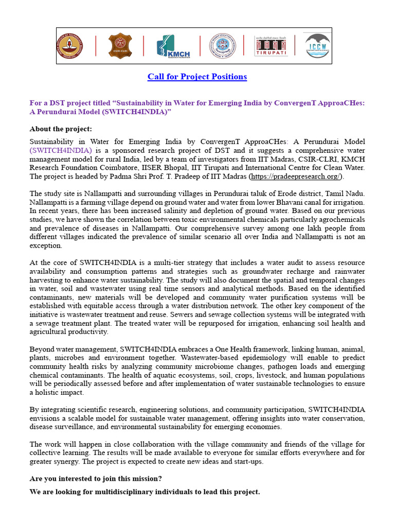 Project Positions for SWITCH4INDIA | PDF | Water | Agriculture